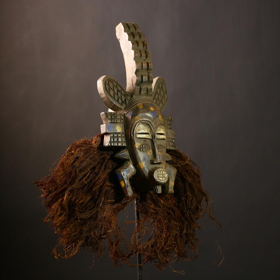 African Kpelie Mask Senufo Tribe, Wood & Raffia Wall Decor, Ivory Coast ...