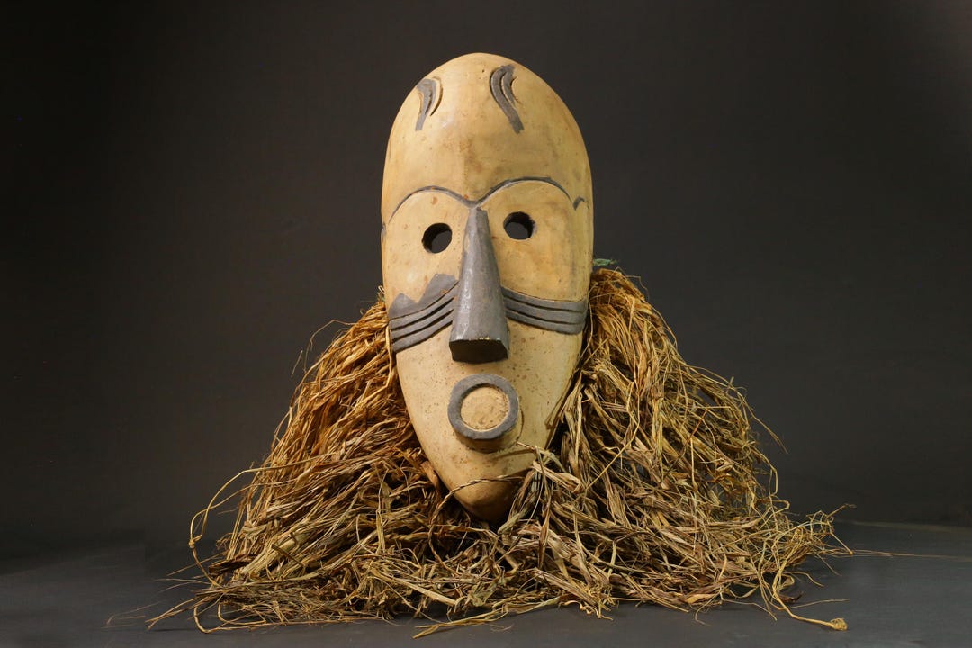 African Lega Mask | Hand-carved Wood Sculpture | Natural Raffia Fringe ...