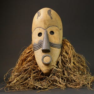 African Lega Mask | Hand-carved Wood Sculpture | Natural Raffia Fringe ...