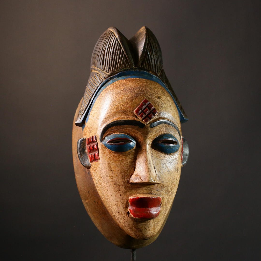 African Mask Okuyi Female Face Red Lips Carving Tribal Decor Spiritual ...