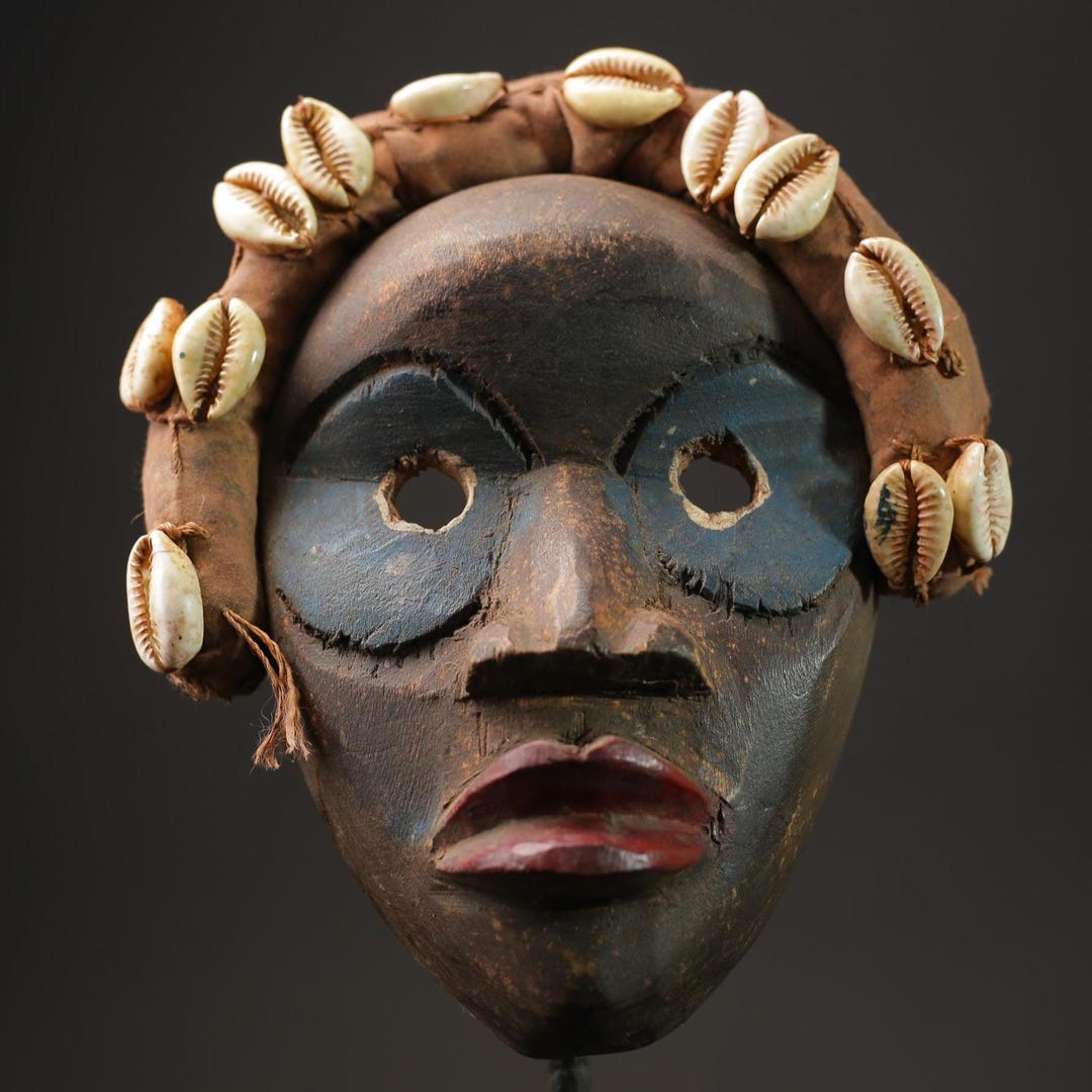 African Tribal Mask: Cowrie Shell Border, Carved Wood Wall Art-9912 - Etsy