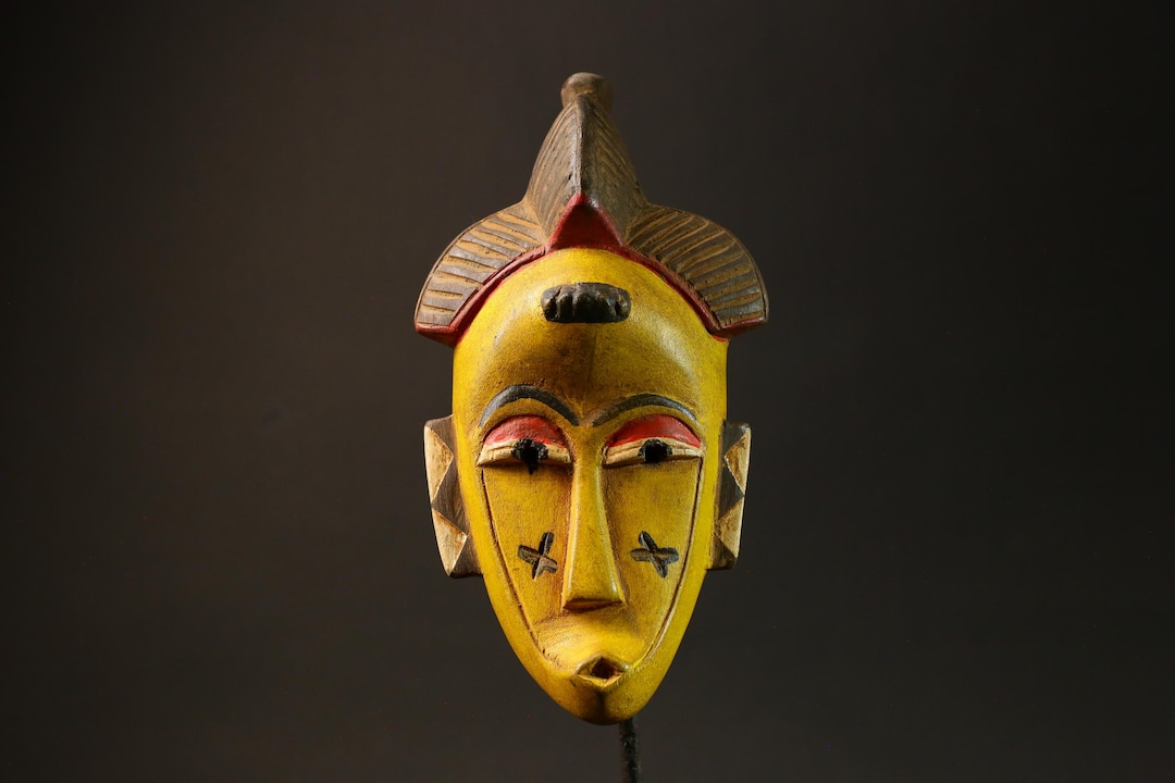 African Mask Yellow Wooden Baule Tribe Wall Hanging Art Unique Decor ...