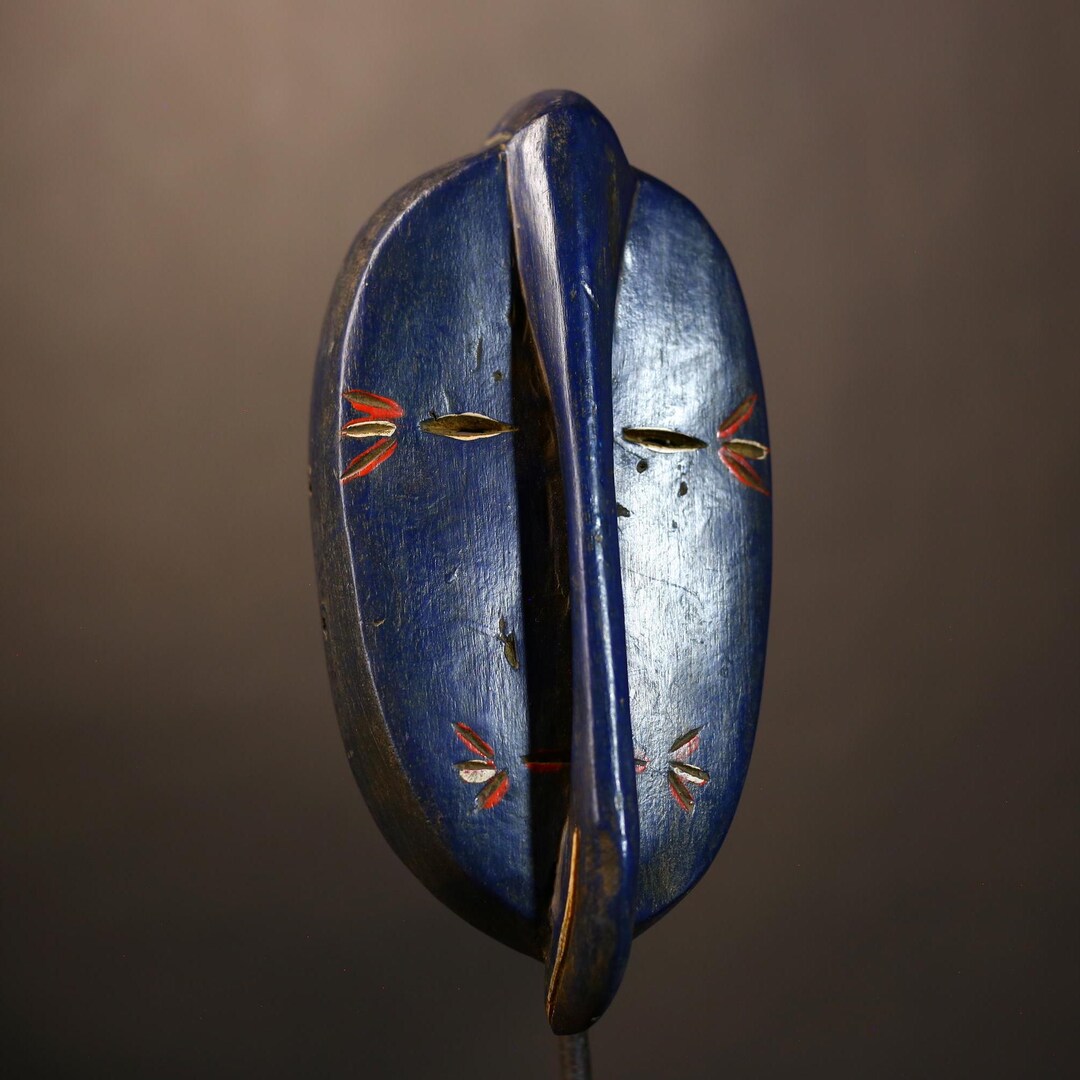 Blue Elephant Nose Wooden Mask With Geometric Pigment Carving From West ...