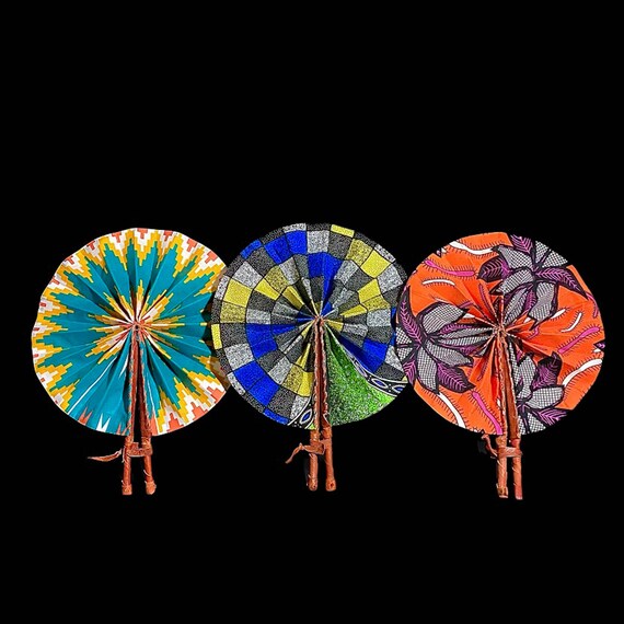 3 African Kente Fabric Fan African Fan Leather Ankara… - Gem