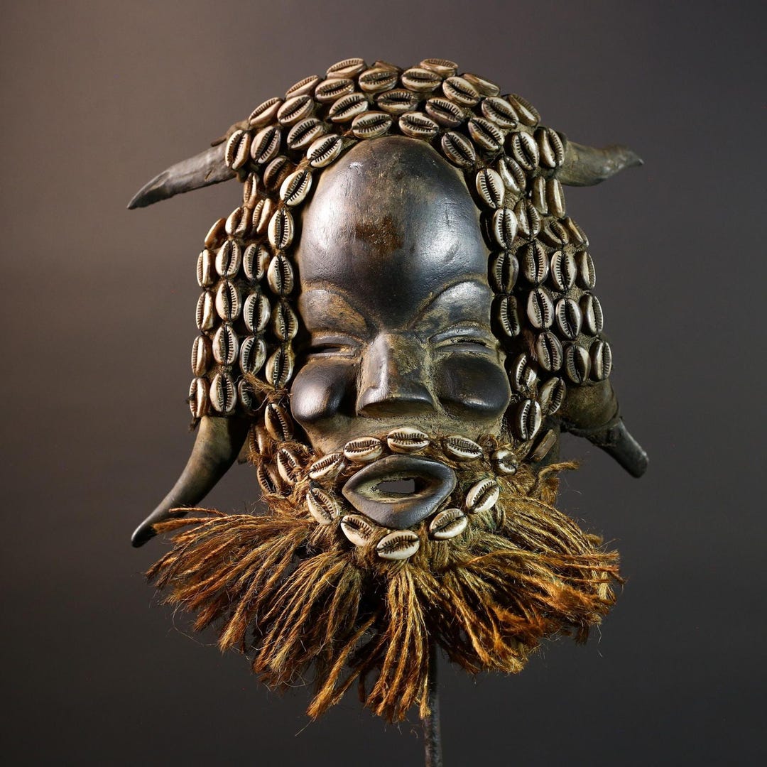 Dan African Mask: Cowrie Shells, Antelope Horn, Raffia Beard - Handmade ...