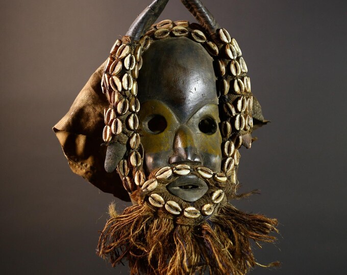 Vintage Hand Carved Dan Mask: Raffia Beard, Cowrie Shells, African ...