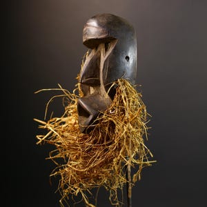 African Raffia Mask | Hand-carved Wood Figurine | Tribal Fringe Decor ...