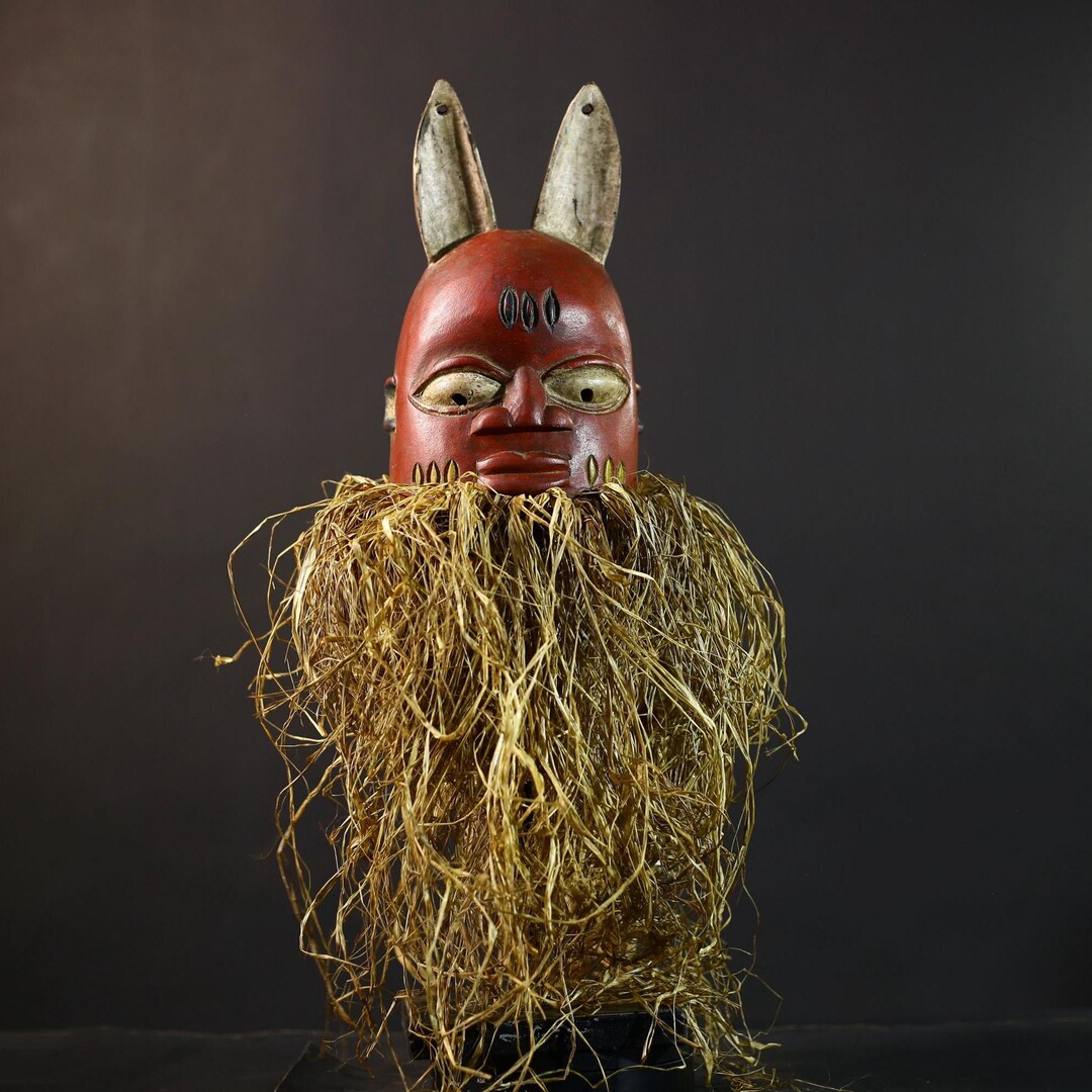 African Vintage Mende Mask | Colorful Sowei Mask With Red Rabbit Ears ...