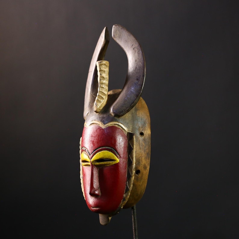 Hand Carved Baule Mask: African Tribal Art, Horned Crest, Red & Yellow ...