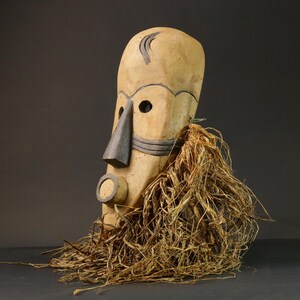 African Lega Mask | Hand-carved Wood Sculpture | Natural Raffia Fringe ...