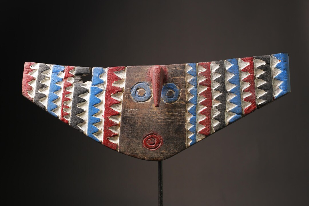 African Bedu Plank Mask Red White Blue Zigzag Tribal Wall Art Ivory ...
