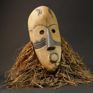 African Lega Mask | Hand-carved Wood Sculpture | Natural Raffia Fringe ...