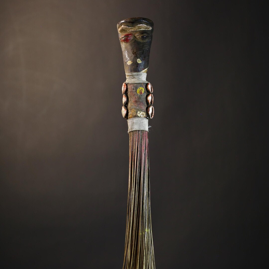 African Statue Bamana Tribe Fly Whisk With Painted Face Cowrie Shell ...