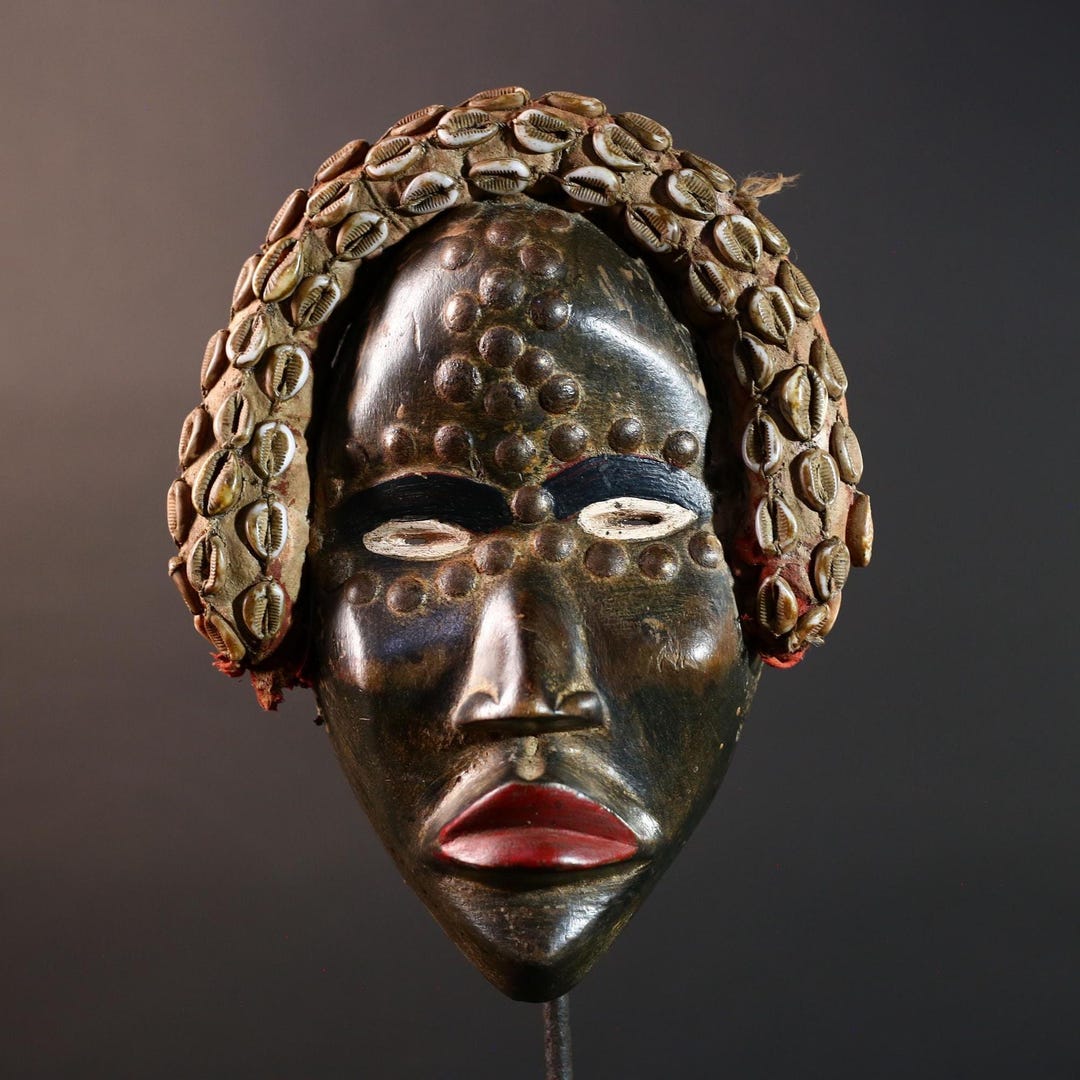 African Dan Mask Carved Wood Tribal Face Cowrie Shell Headdress ...