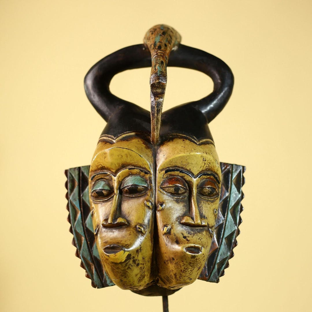 African Guro Mask Double Face Tribal Art Serpent Crest Carved Wall ...