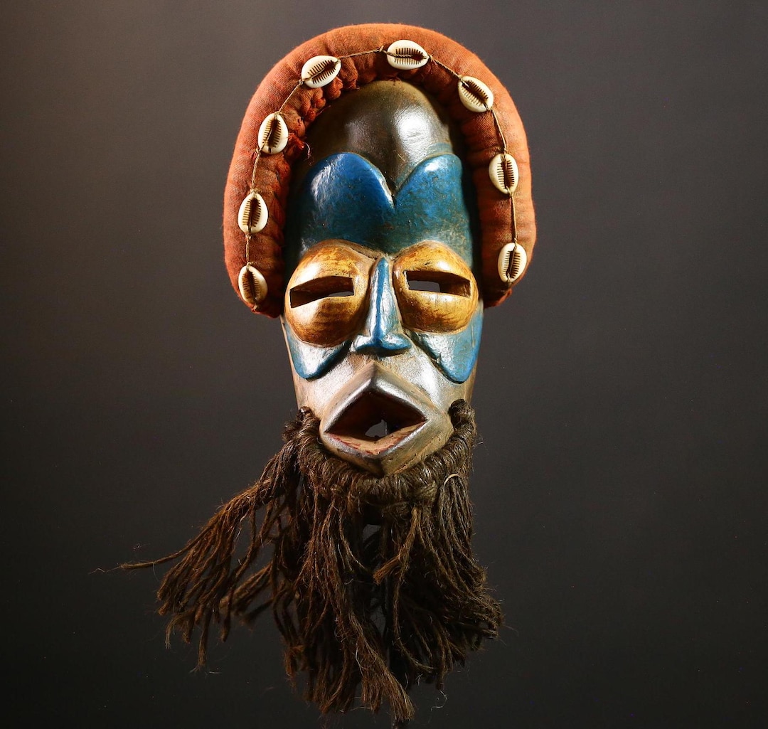 Hand-carved Dan Tribal Mask: Blue Heart Face, Cowrie Shells, Liberia ...