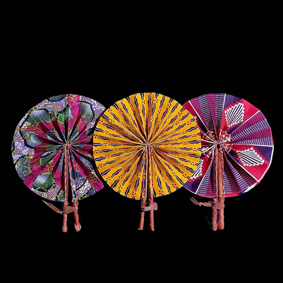 3 African Kente Fabric Fan African Fan Leather Ankara Fan Wedding ...