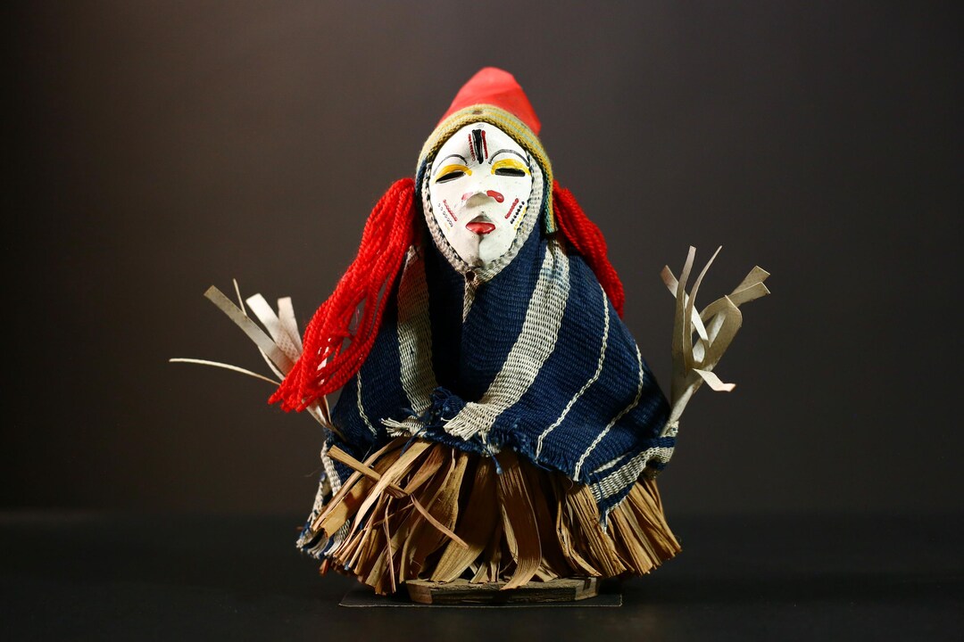 African Tribal Mask Doll: Red Yarn Hair, Raffia Skirt, Folk Art Decor ...