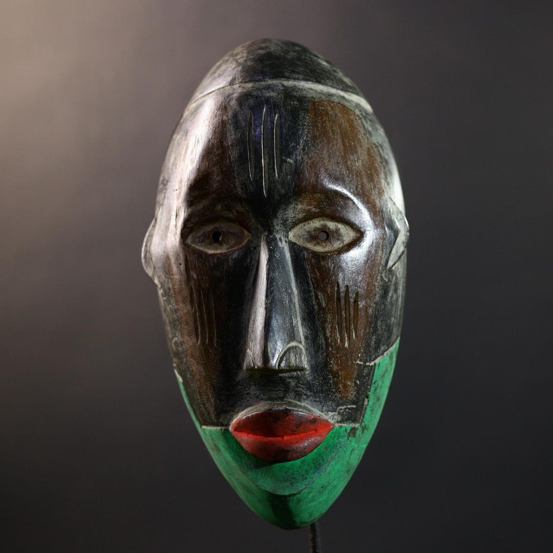 African Dan Kran Mask, Green & Brown Split Face Wall Décor, Liberia ...