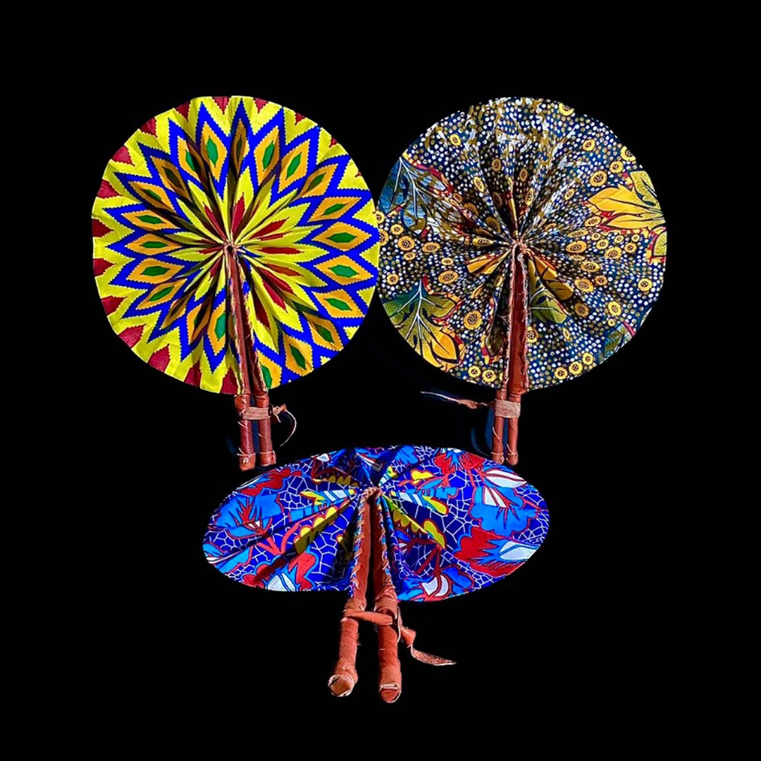 3 African Kente Fabric Fan African Fan Leather Ankara Fan Wedding ...
