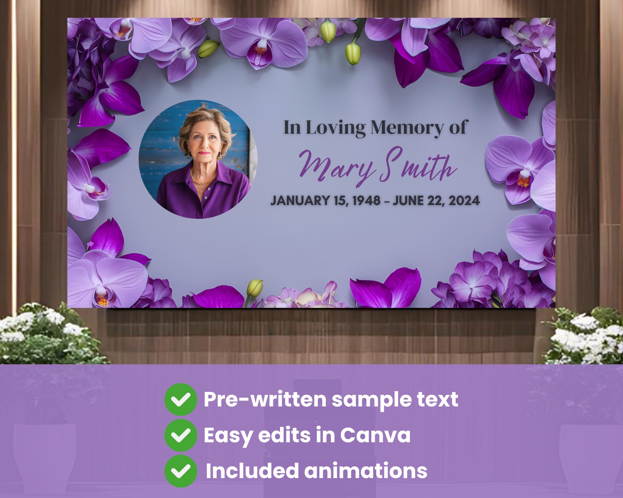 Orchid Purple Funeral Template Video With Music, Custom Canva Memorial ...