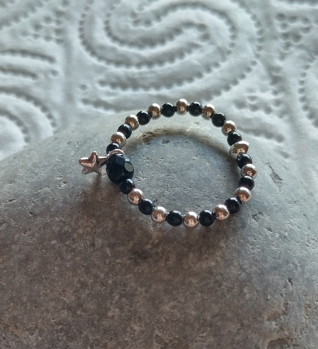 Star Elastic Ring, Stackable or Not, in Mini Black Czech Glass and ...