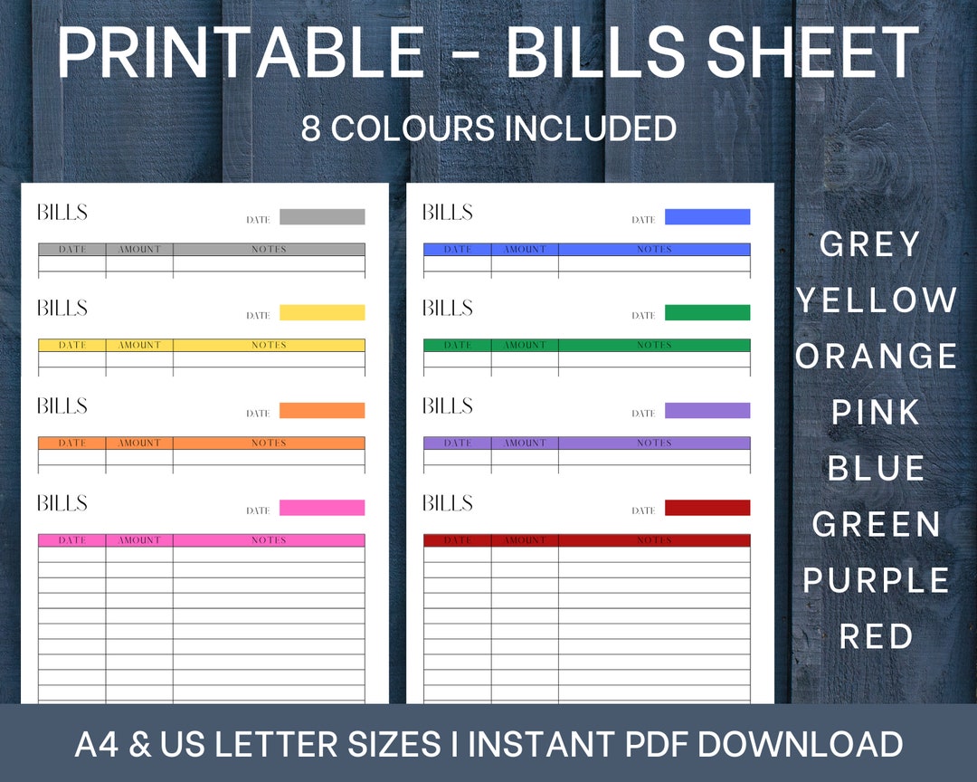 Printable Bills Sheet A4 and US Letter Sizes I 8 Colours - Etsy
