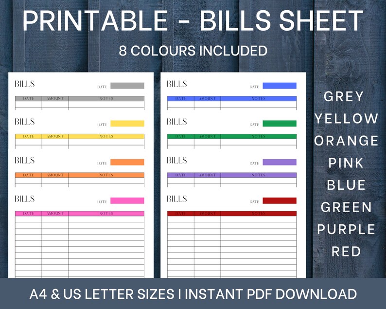 Printable Bills Sheet A4 and US Letter Sizes I 8 Colours - Etsy Australia