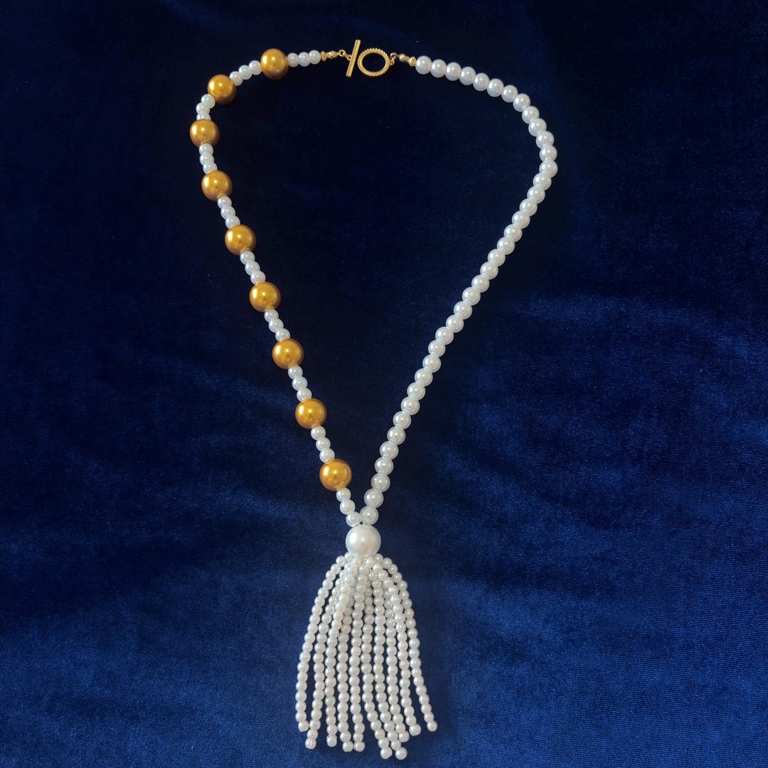 80s Style Art Deco Long Tassel Majorica Pearl Necklace Gold Detailed ...