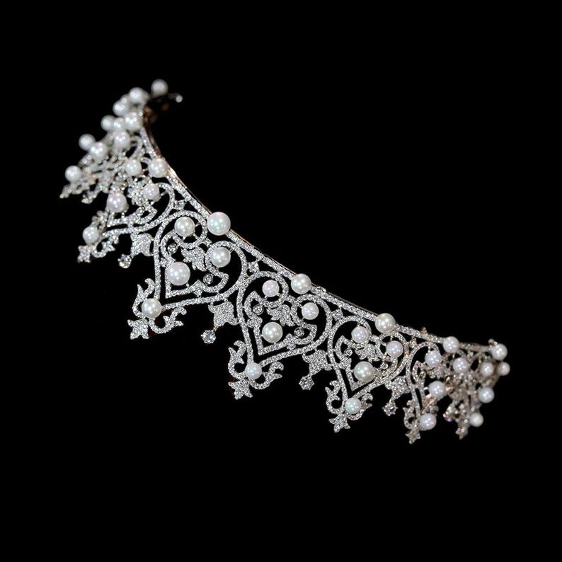 The Württemberg Ornate Pearl Tiara High Quality Wedding Crown CZ ...