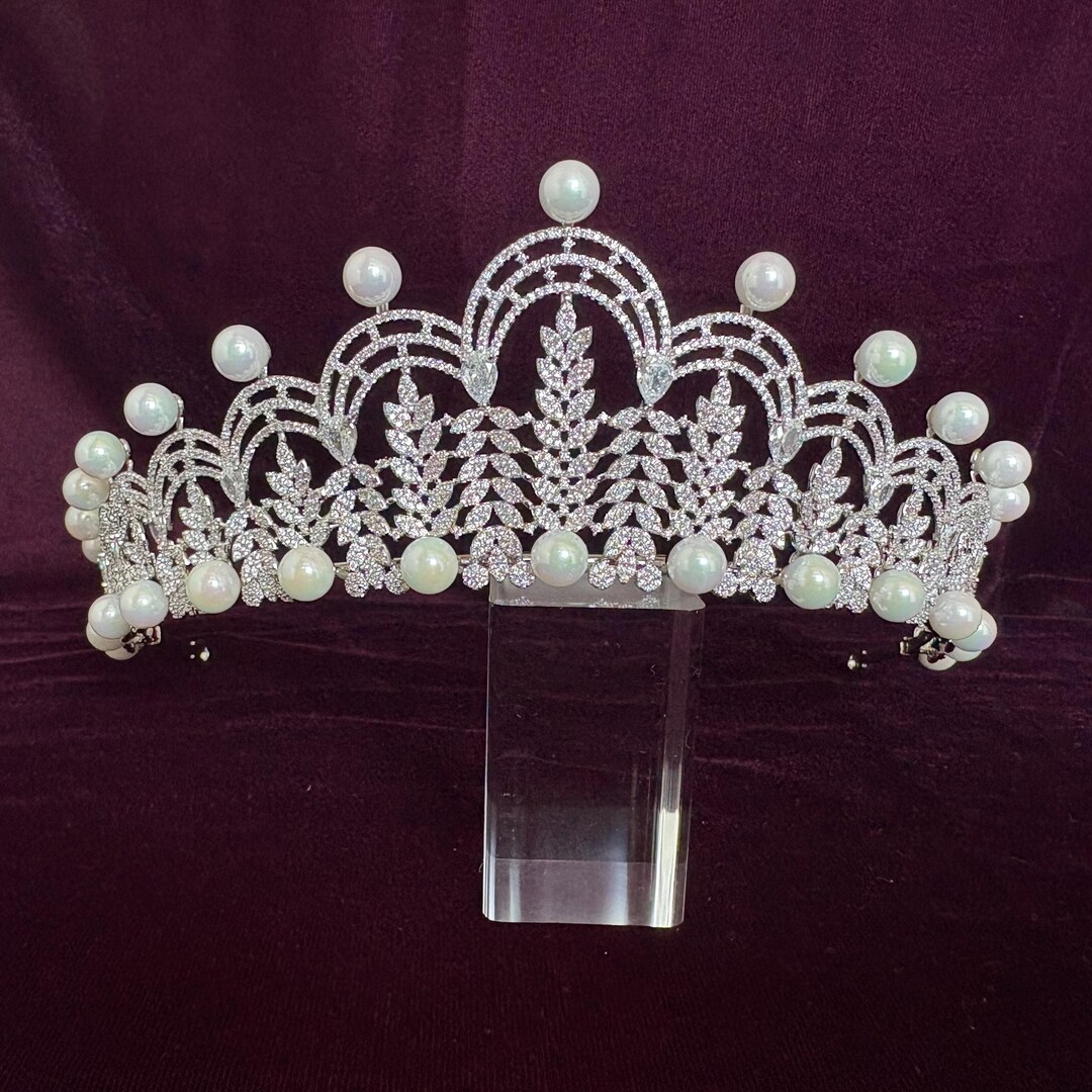 Luxury Pearl Wedding Tiara Large Bridal Crown Baroque Royal Headpiece ...