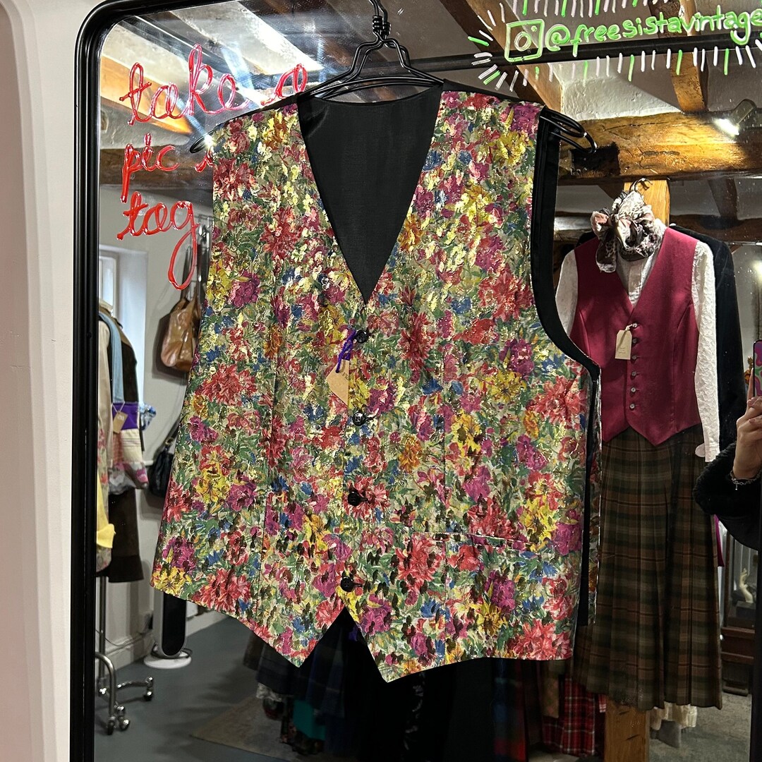 Vintage Colourful Floral Metallic Waistcoat UK 16-18 - Etsy
