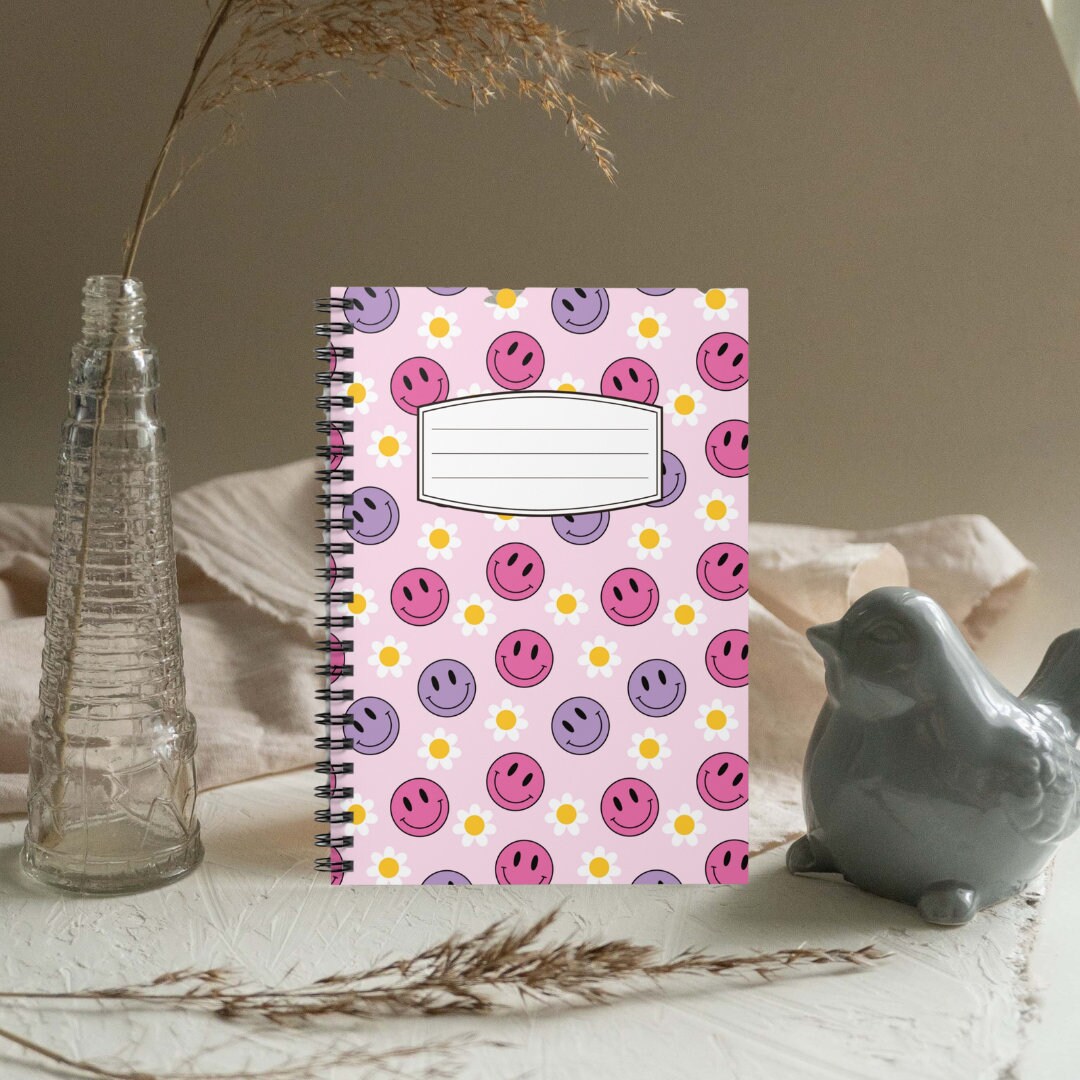 Retro Purple Smiley Face Spiral Notebook, Ruled Line, Flowers, Gift for ...