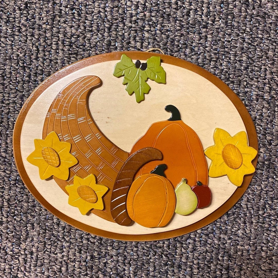Vintage Handmade Wooden Fall Wall Hanging Cornucopia Pumpkin Floral ...