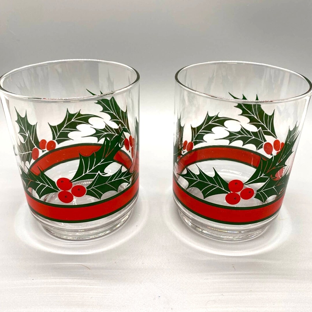 VTG Libbey Holly & Berries Glasses Set of Two Holiday Christmas Barware ...