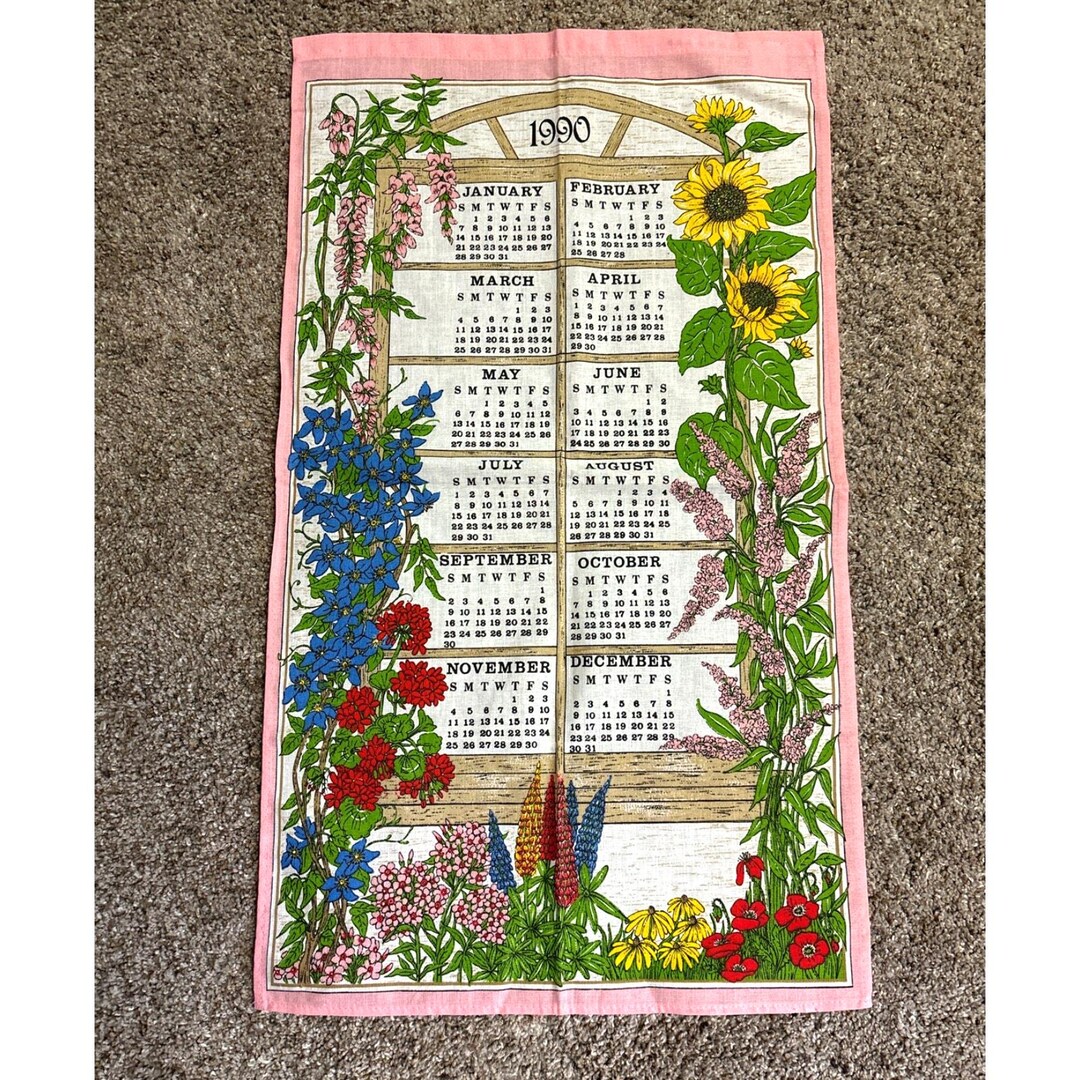 Vintage 1990 Flower Garden Calendar Tea Towel Wall Art Tapestry Cottage ...