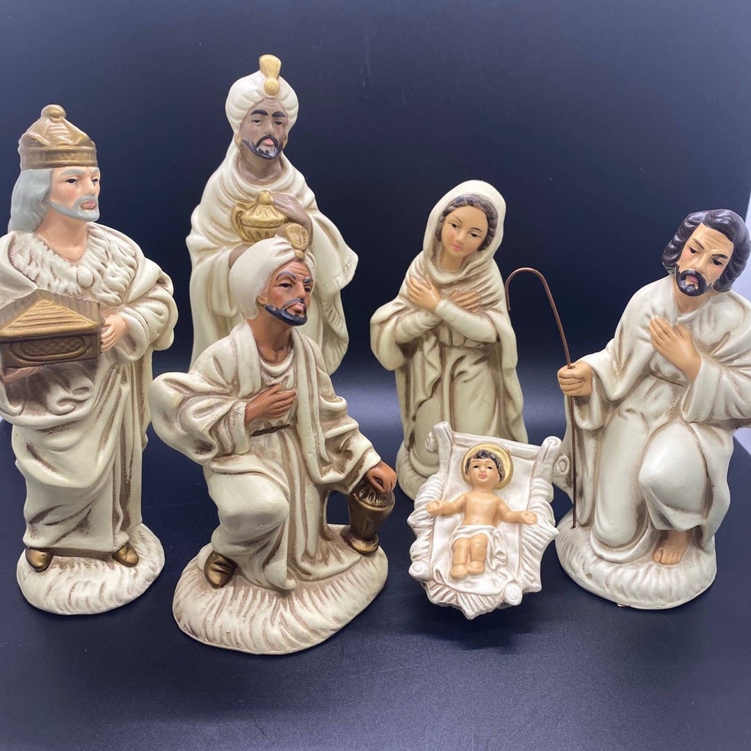 Vintage Nativity Set Chalkware Composite Mary Joseph Baby Jesus 3 Wise ...