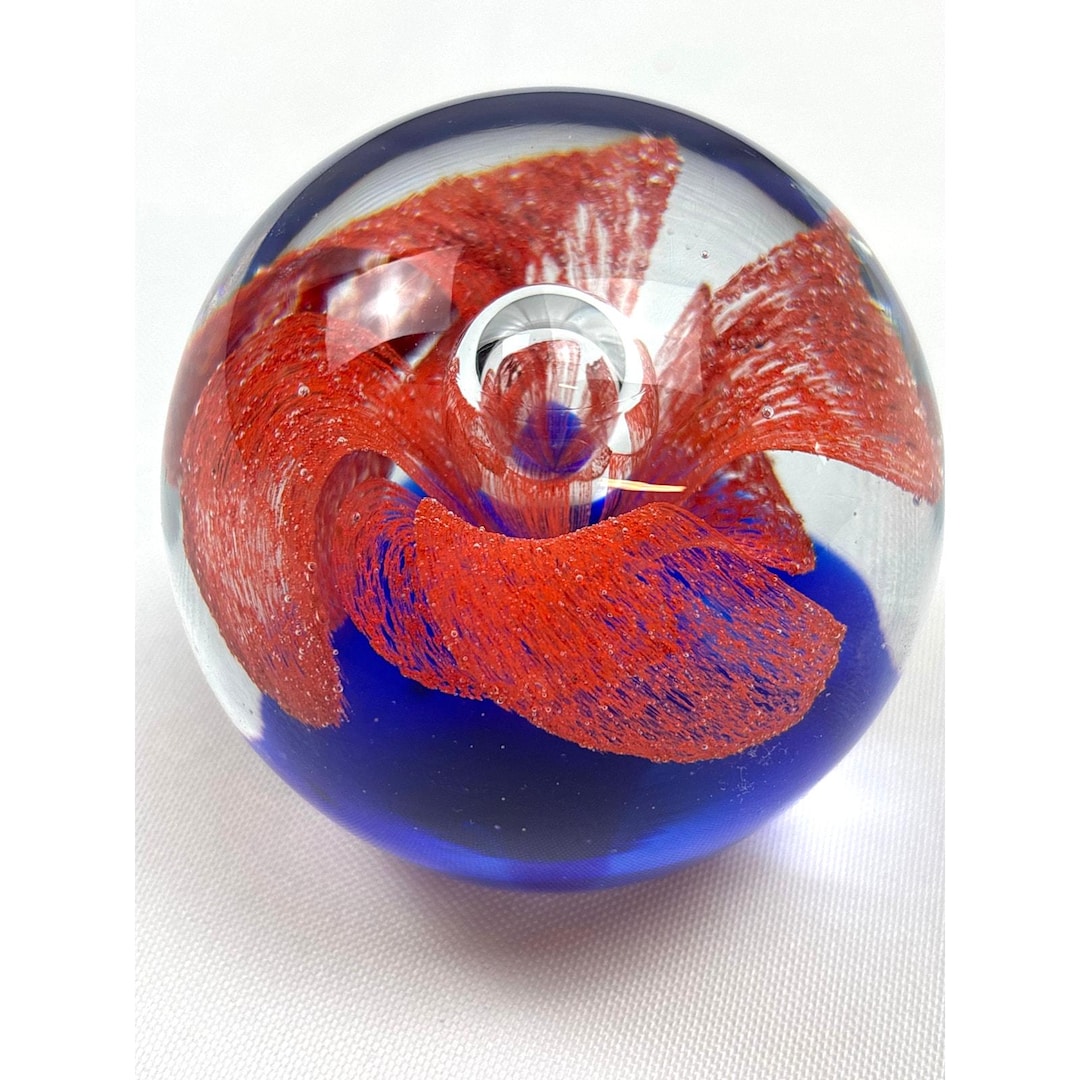 Vintage Art Glass Paperweight Coral Flower Blue Base - Etsy
