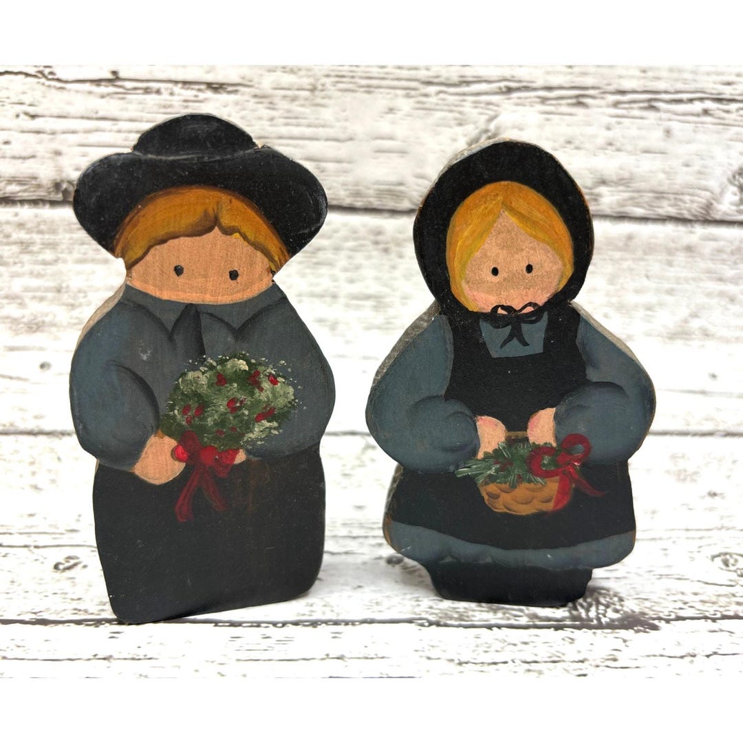 Wooden Folk Art Amish Holiday Couple Shelf Decorations Hand Painted ...
