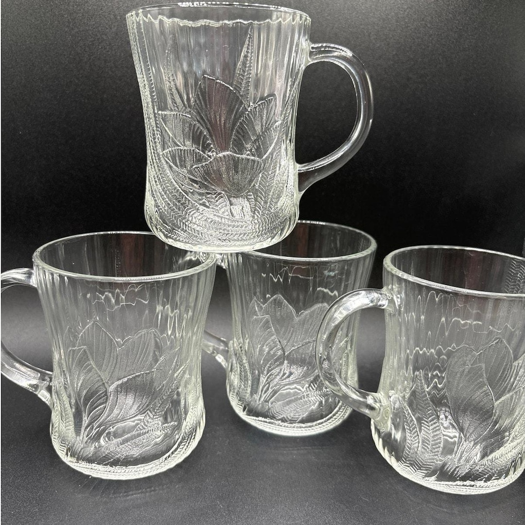 Arcoroc Canterbury Crocus Set of Four Glass Mugs Clear Cups Made in ...