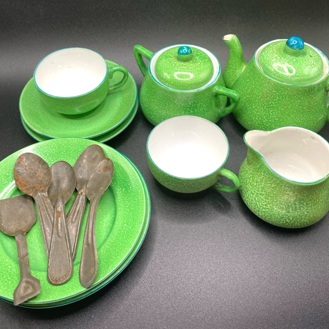 Vintage Meito China Child’s Green Tea Set Japan 9 Piece Set With Metal ...