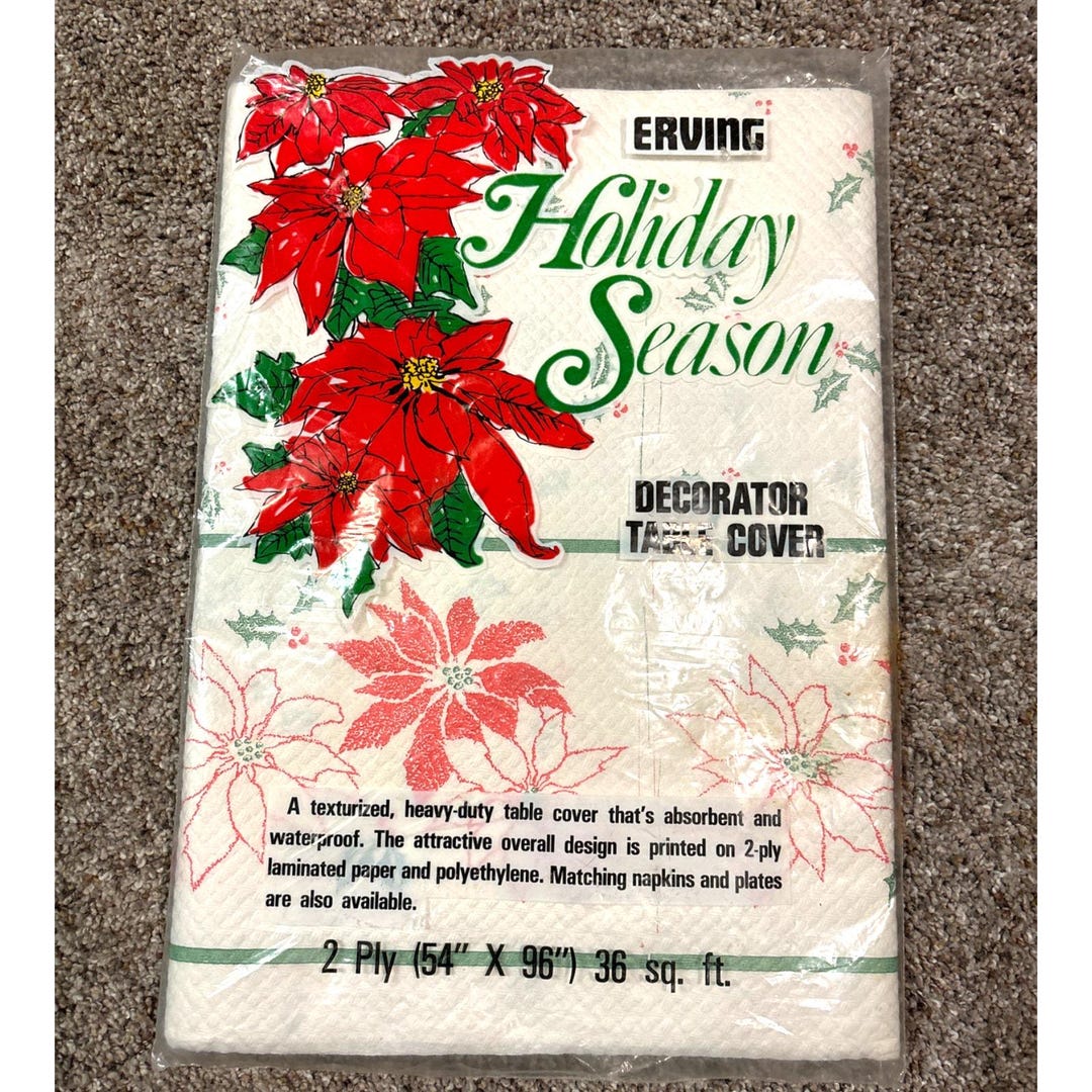 Vintage Christmas Paper Table Cloth Poinsettia Holiday Season 54" X 96 ...