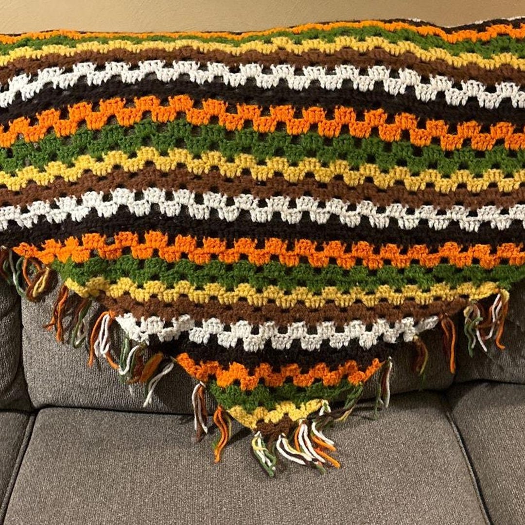 Retro 1970s Crocheted Afghan Throw Diamond Shape Furniture Decor Granny ...