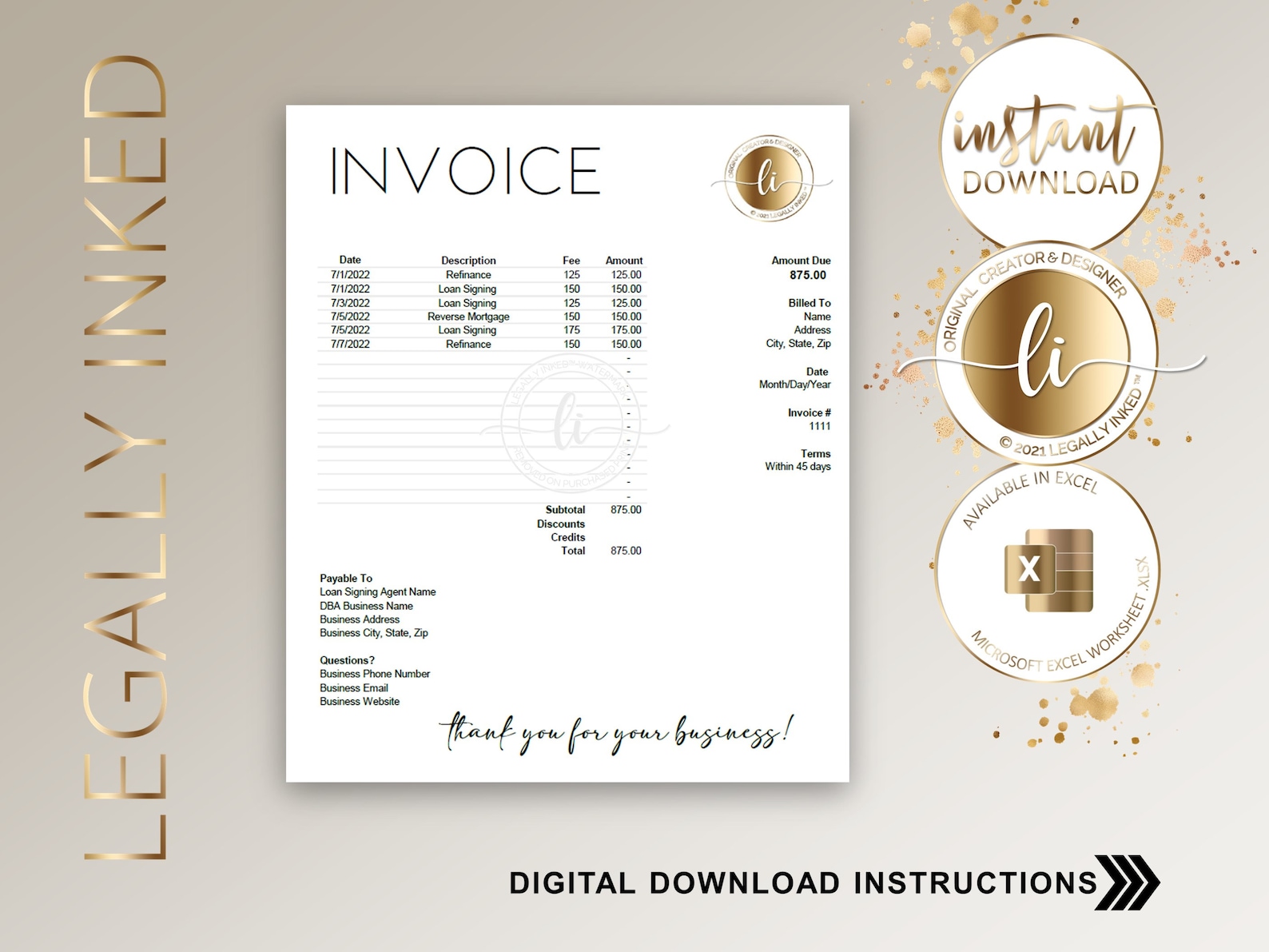 Loan Signing Agent Invoice Excel Template Law Office Décor - Etsy