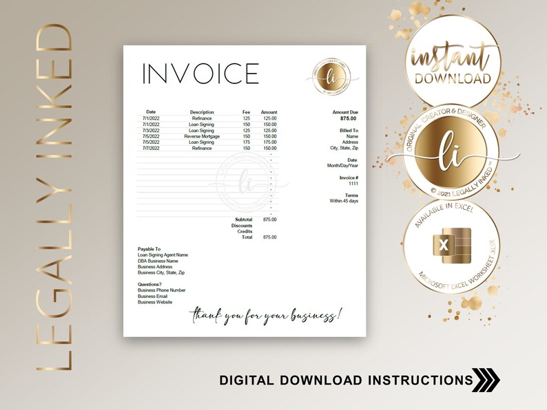 Loan Signing Agent Invoice Excel Template Law Office Décor - Etsy