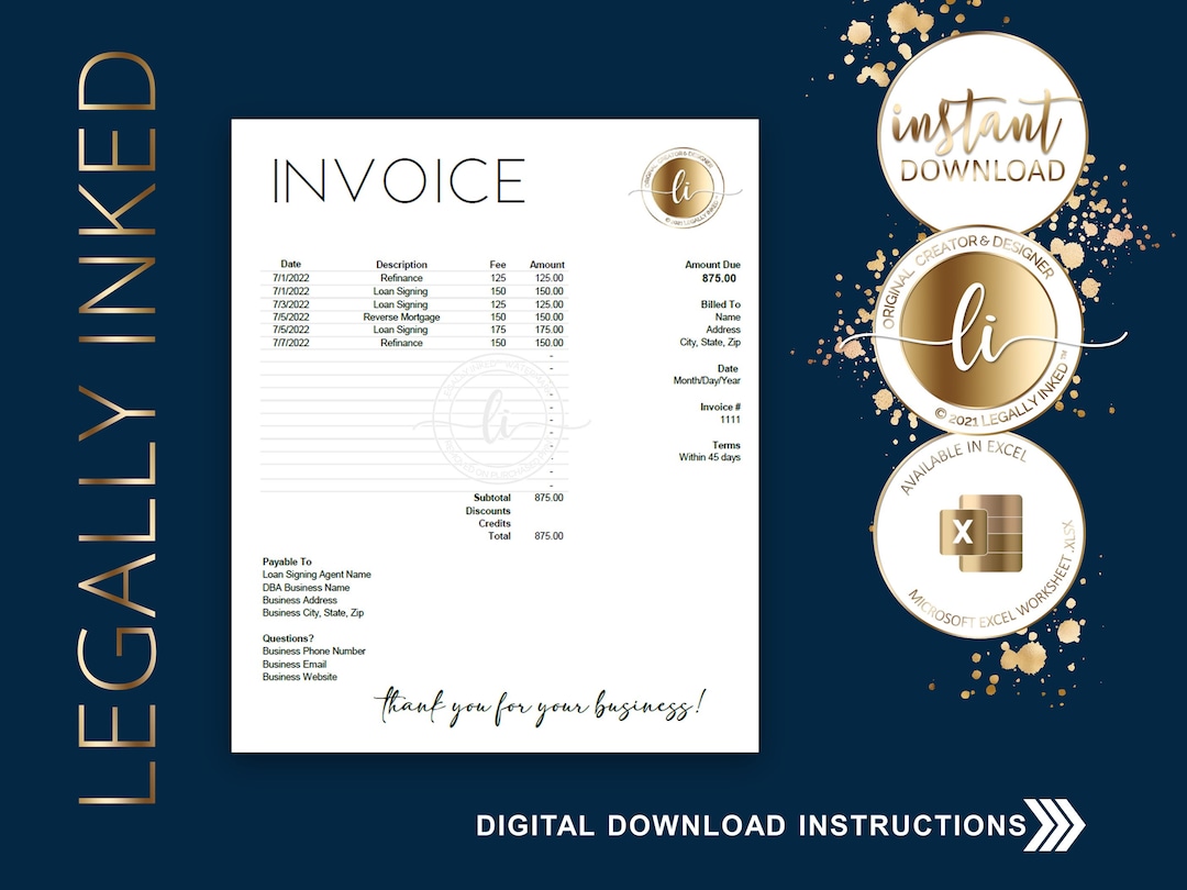Loan Signing Agent Invoice | Excel Template | Law Office Décor | Legal ...