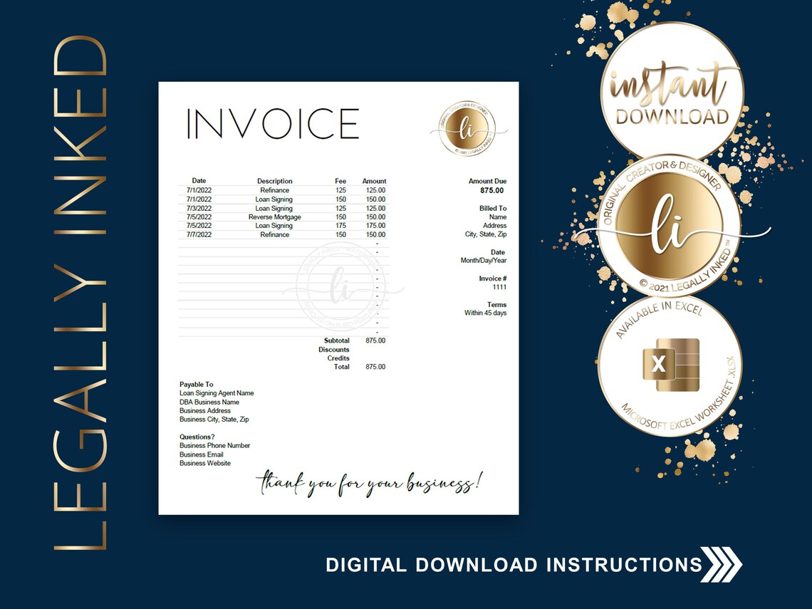Loan Signing Agent Invoice | Excel Template | Law Office Décor | Legal ...