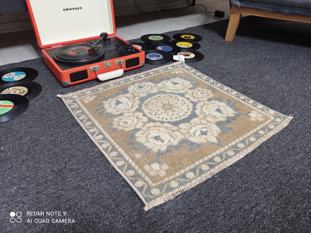 2x2 Small Oushak Rug,2x2 Turkish Mats, 1'10x1'9 Brown-blue Rug, Entry ...