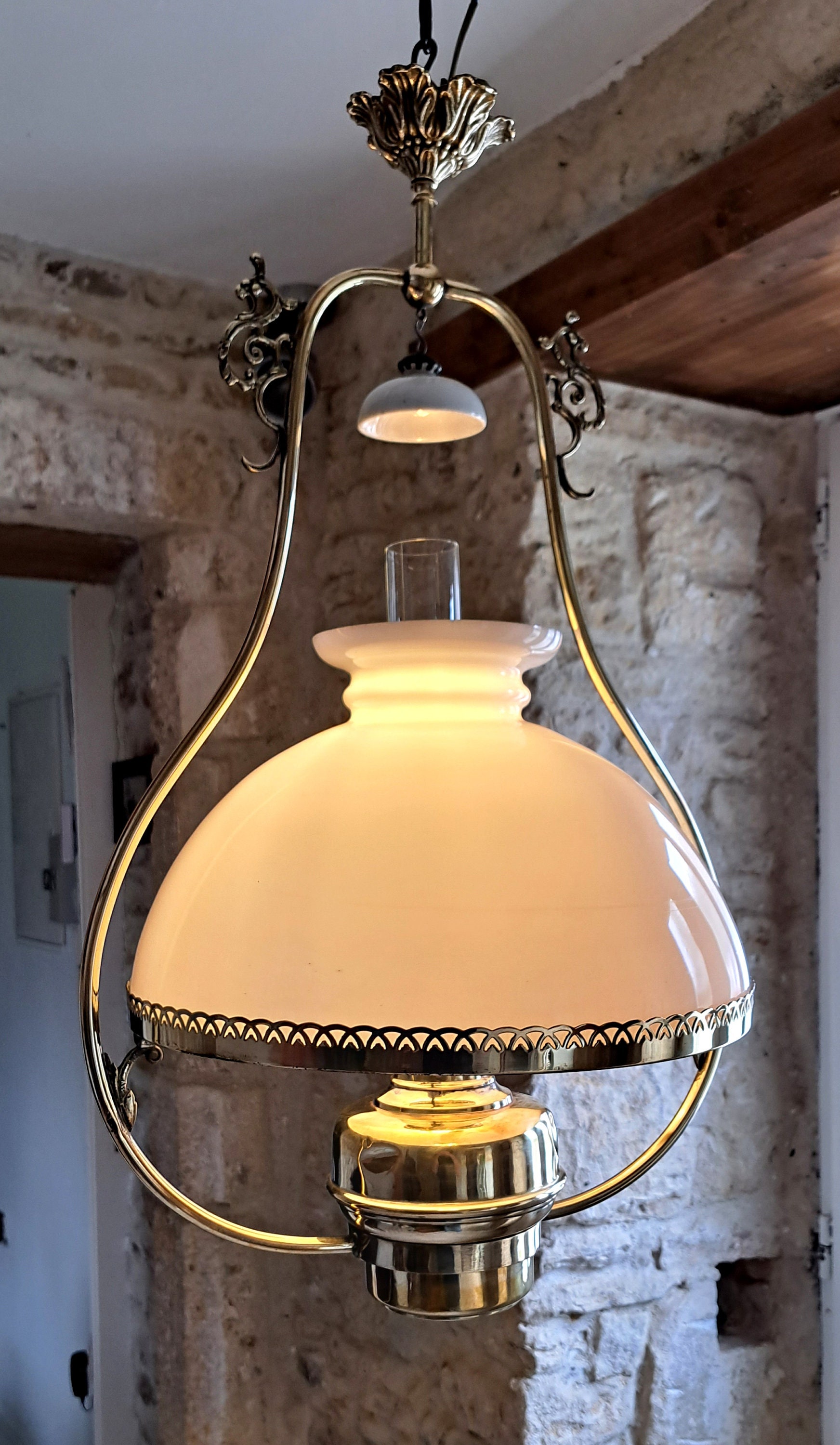 Very Pretty, Vintage, French, Opaline and Brass, Oil, Ceiling Light ...