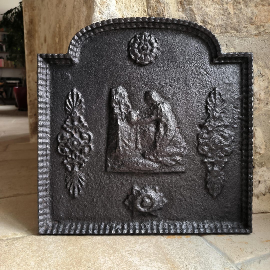Antique, Small, French, Cast Iron, Fire Back Plate, Depicting Figure ...